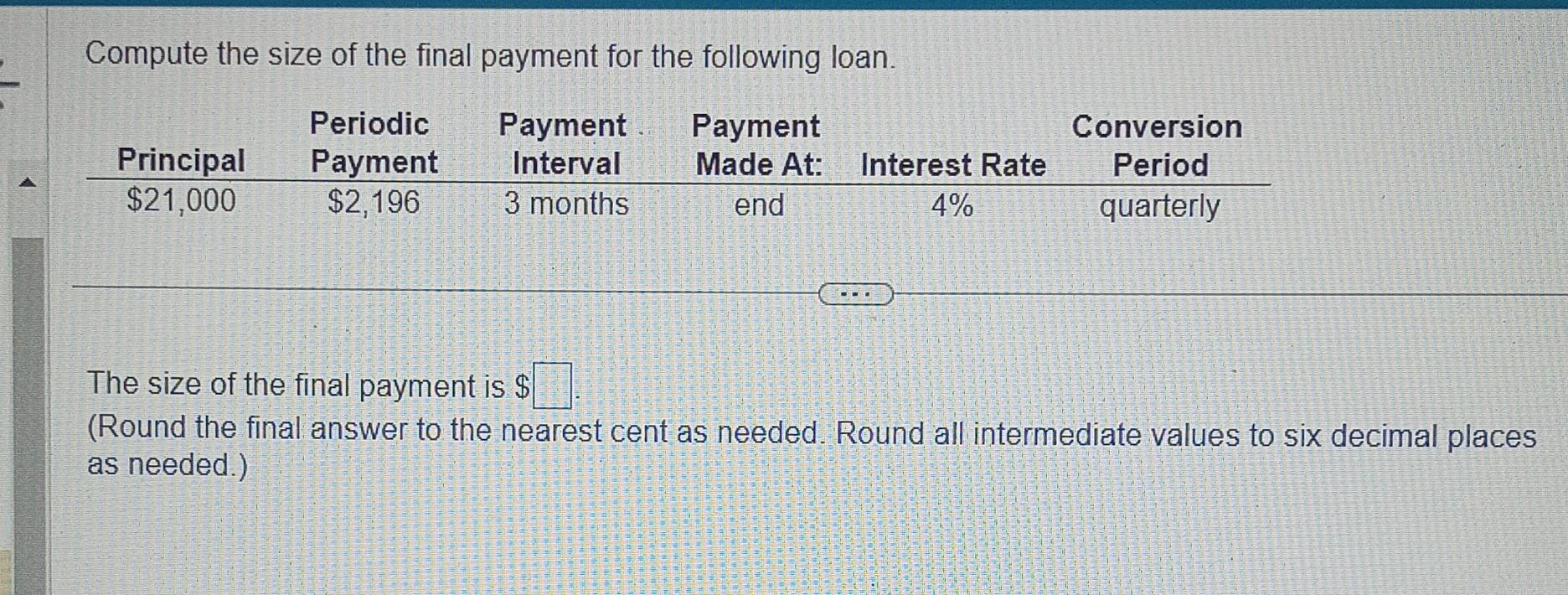 Solved Compute the size of the final payment for the | Chegg.com