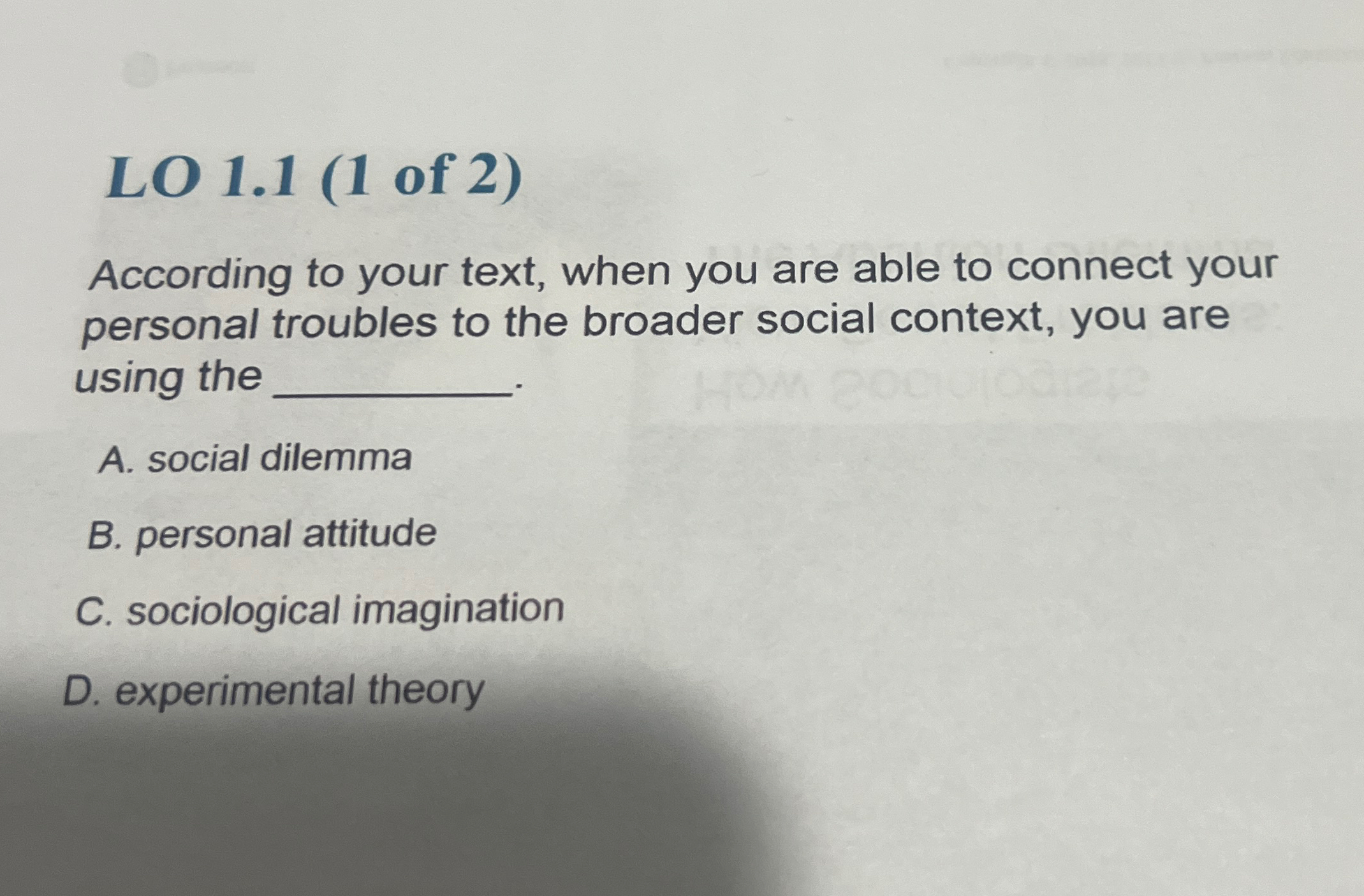 Solved LO 1.1 (1 ﻿of 2)According to your text, when you are | Chegg.com