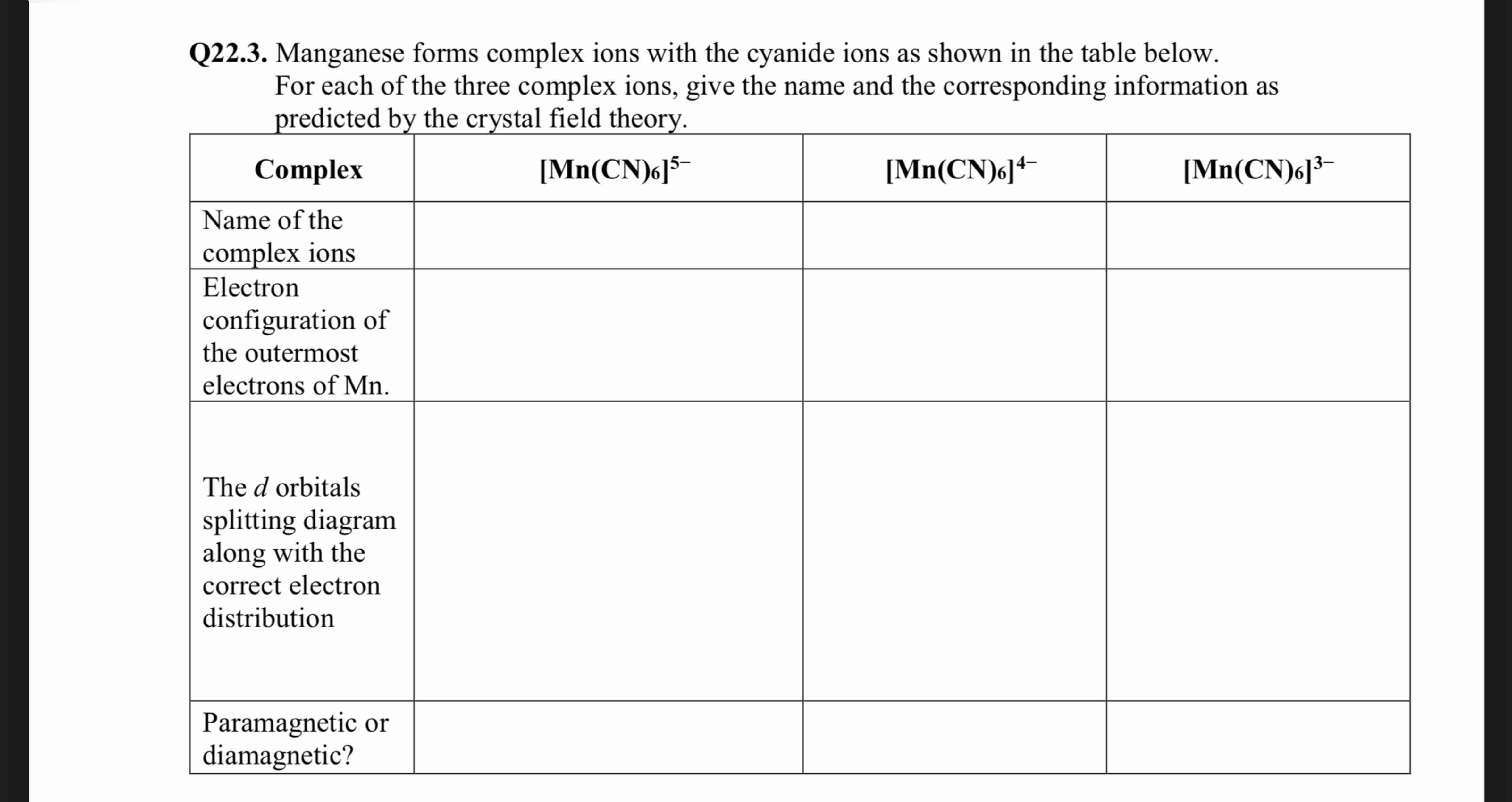 Q22.3. ﻿Manganese forms complex ions with the cyanide | Chegg.com