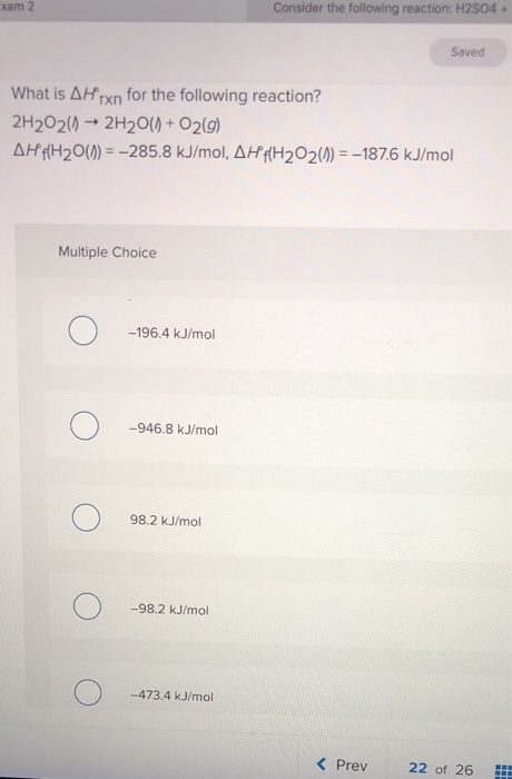 Solved xam 2 Consider the following reaction: H2SO4 + Saved | Chegg.com
