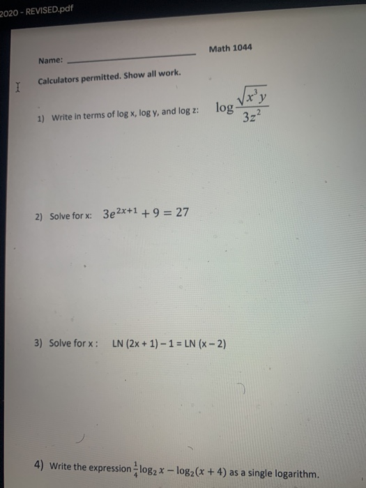 Solved 2020 - REVISED.pdf Math 1044 Name: Calculators | Chegg.com