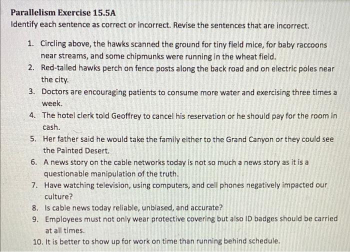 Parallelism Exercise 15.5A Identify each sentence as | Chegg.com