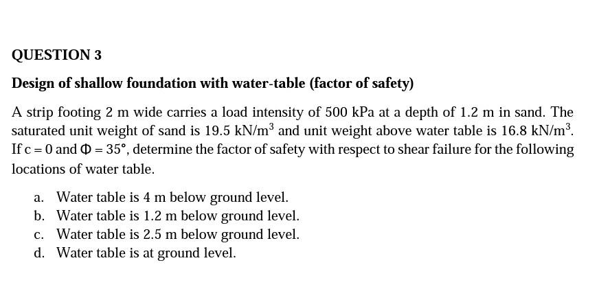 Solved Design of shallow foundation with water-table (factor | Chegg.com