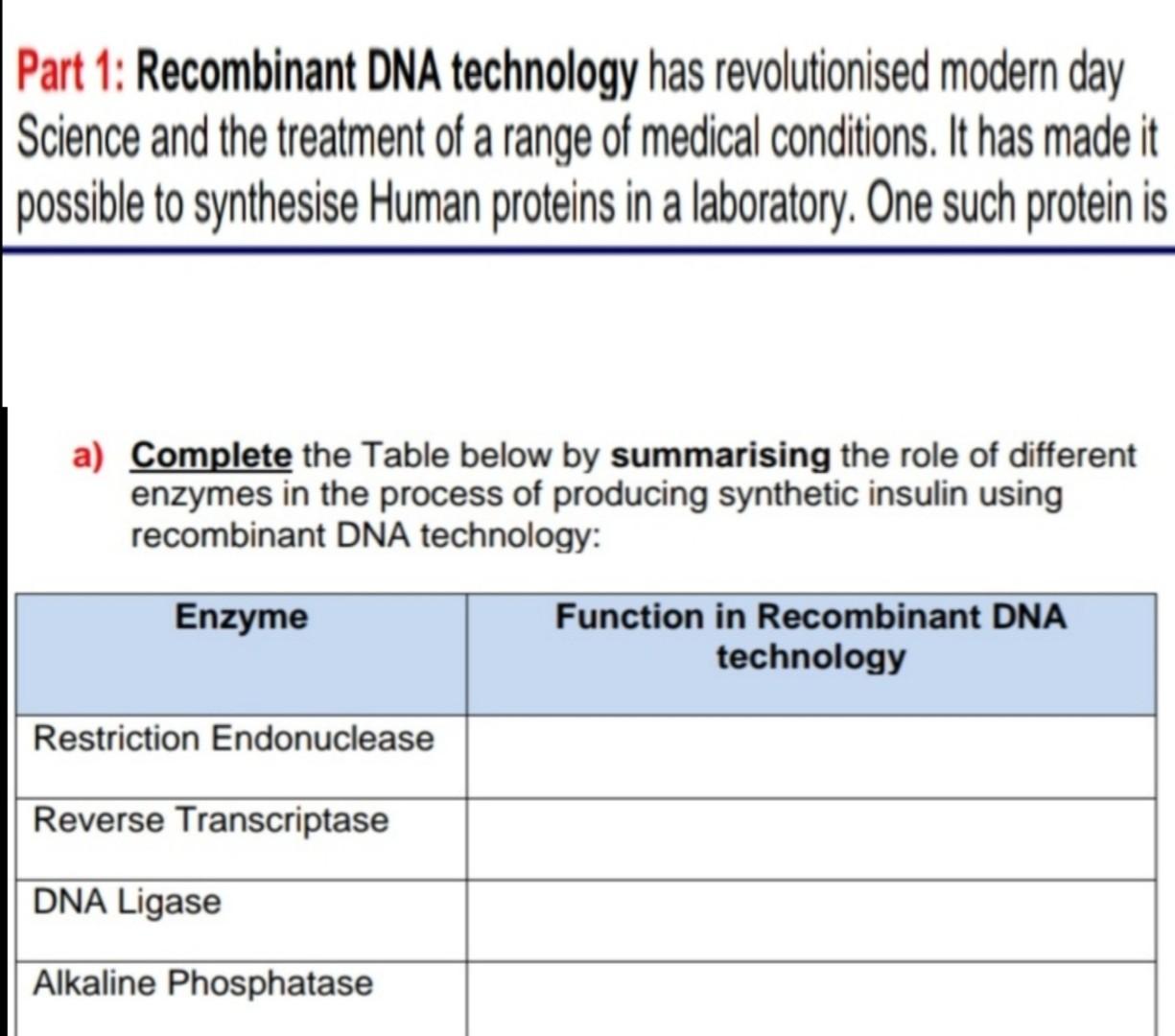 Solved Part 1: Recombinant DNA technology has revolutionised | Chegg.com