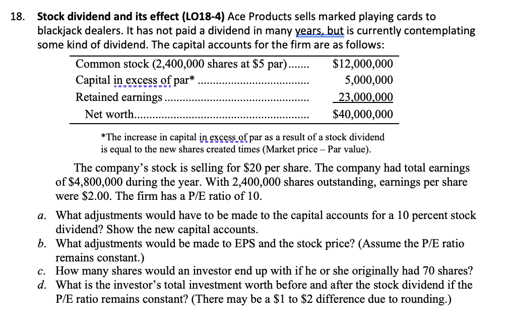 Solved Problem 18-18 ﻿Stock dividend and its effect | Chegg.com