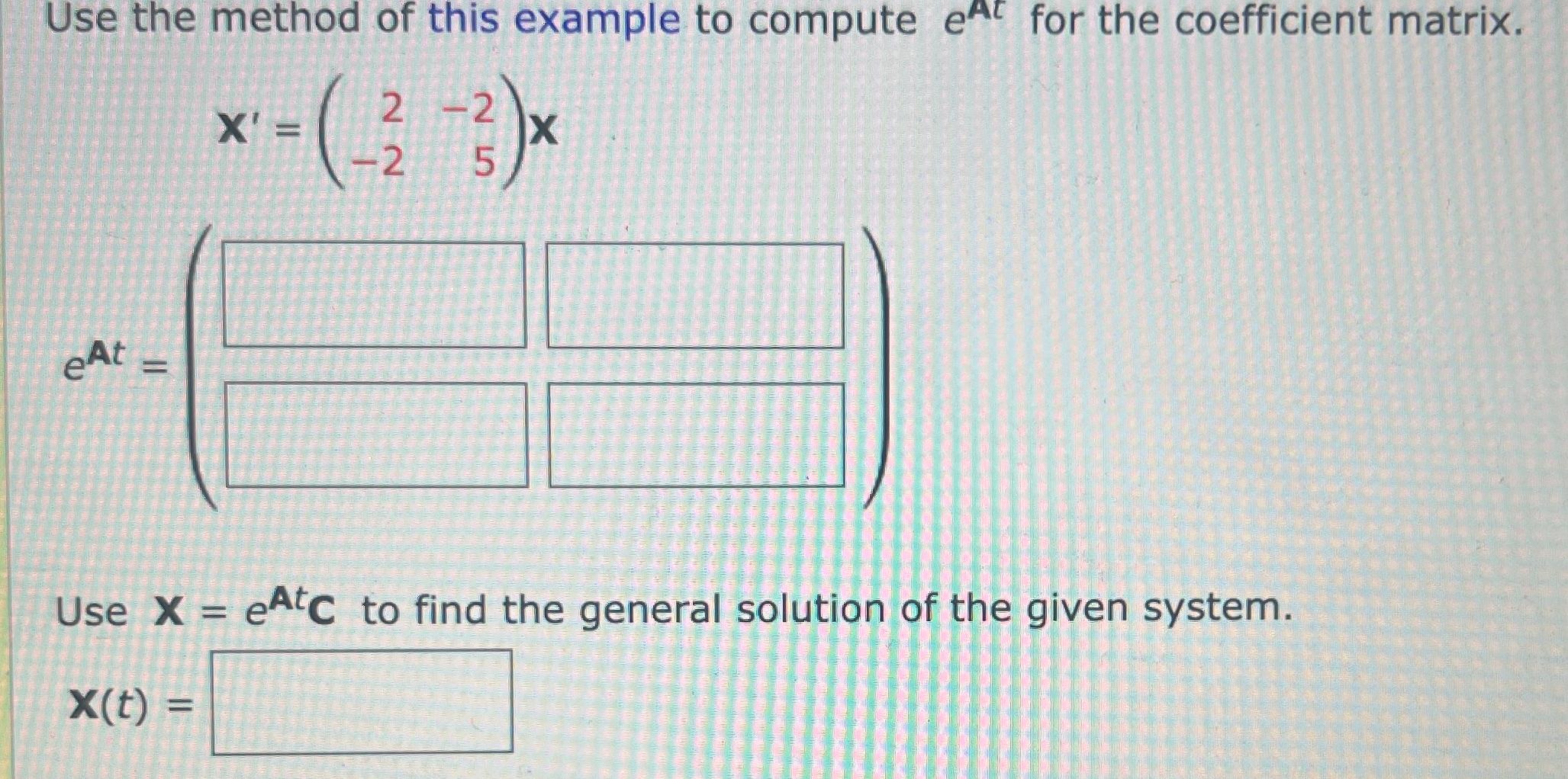 Solved Use the method of this example to compute eAt ﻿for | Chegg.com