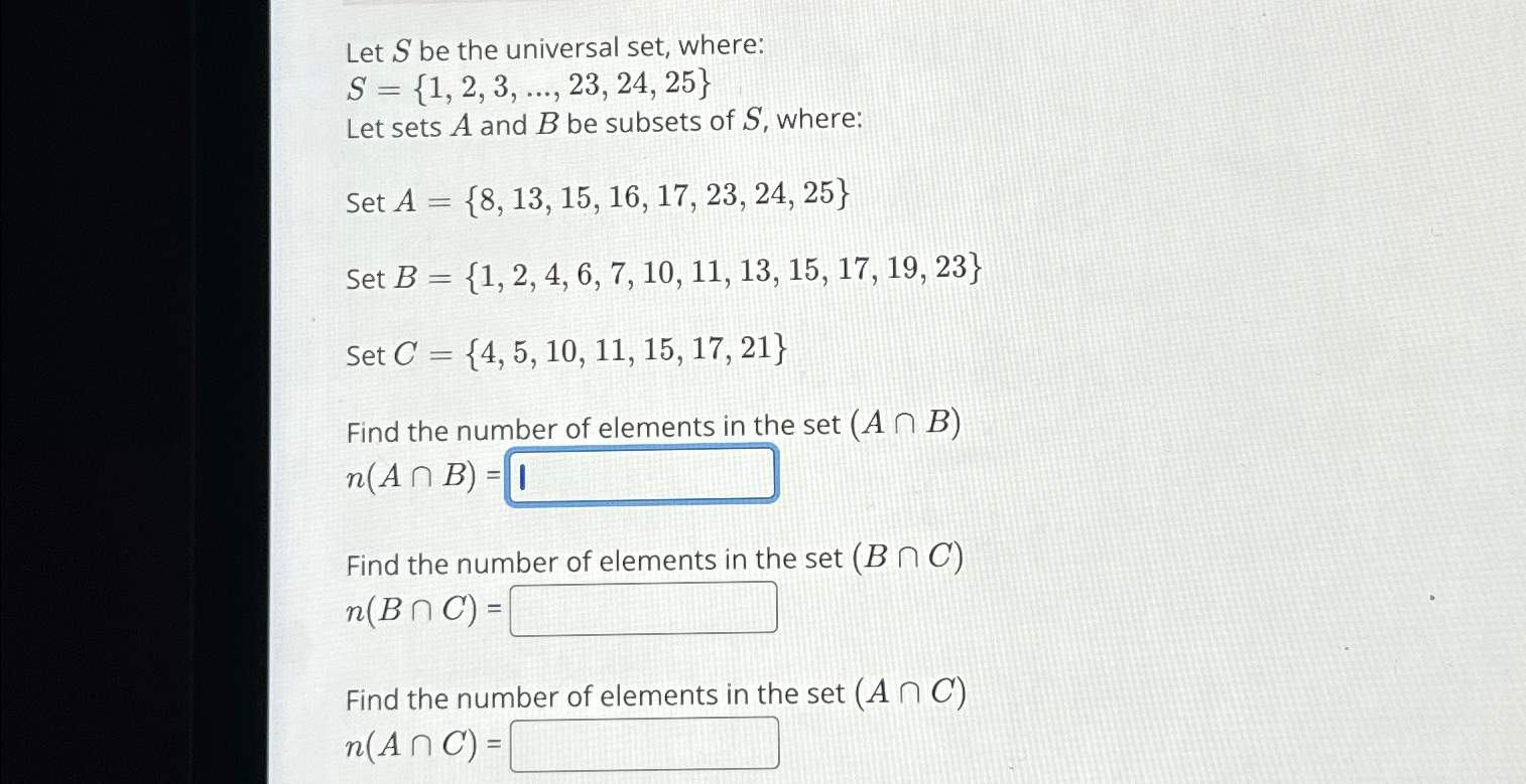 Solved Let S ﻿be the universal set, | Chegg.com