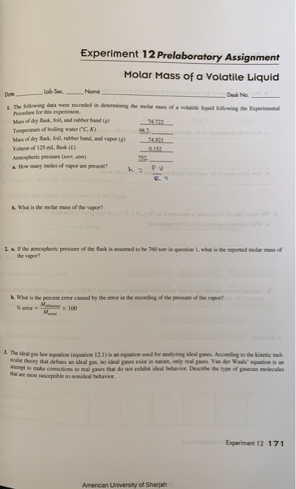 Solved Experiment 12 Prelaboratory Assignment Molar Mass of | Chegg.com