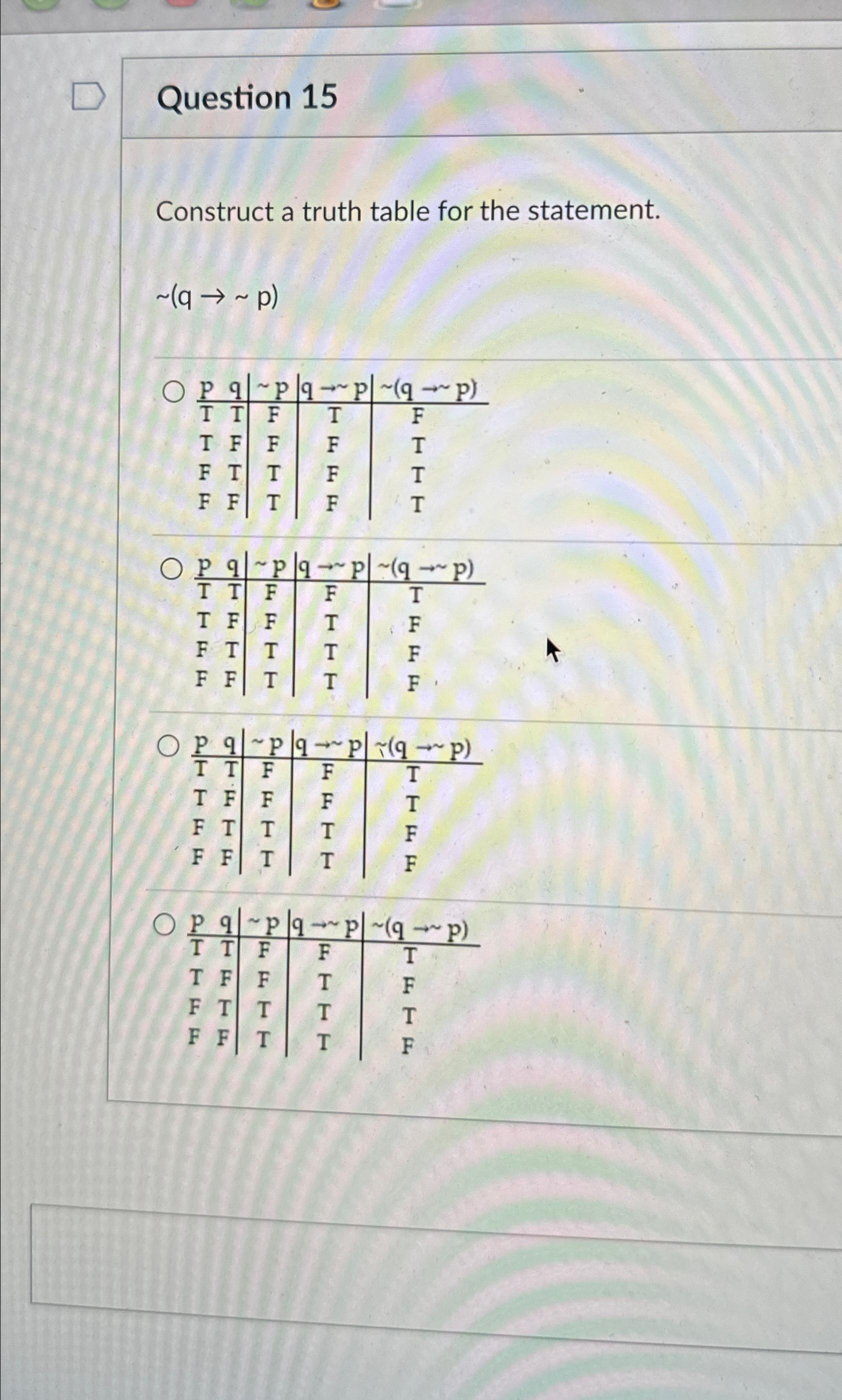 Solved Question 15Construct a truth table for the | Chegg.com