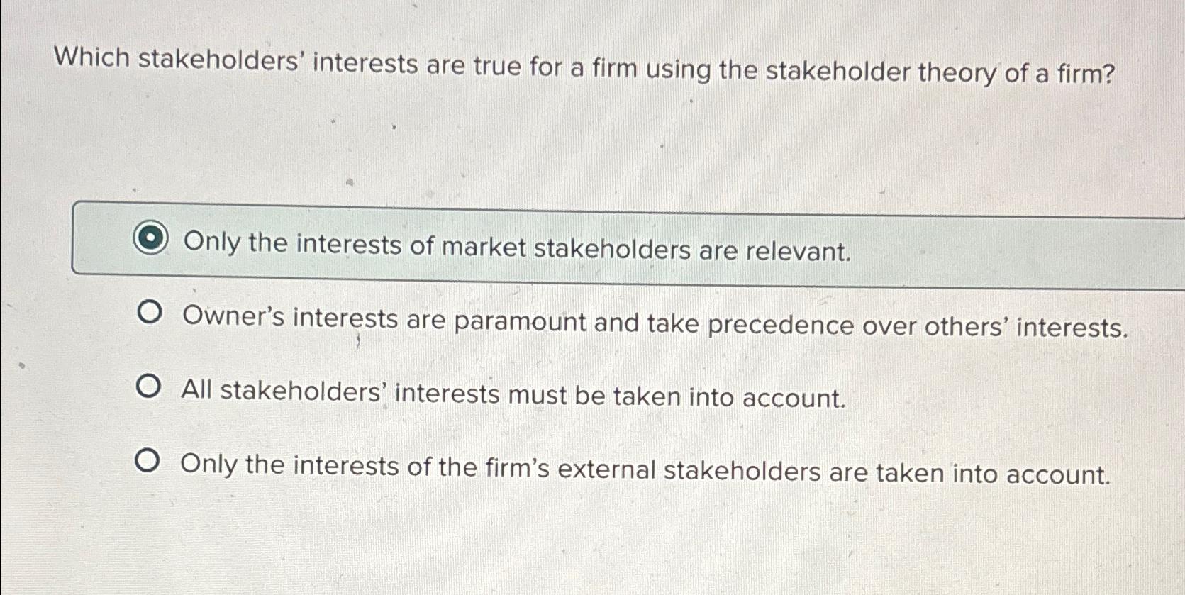 Solved Which stakeholders' interests are true for a firm | Chegg.com