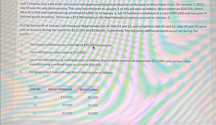 Solved Lott Company uses a job order cost system and applies | Chegg.com