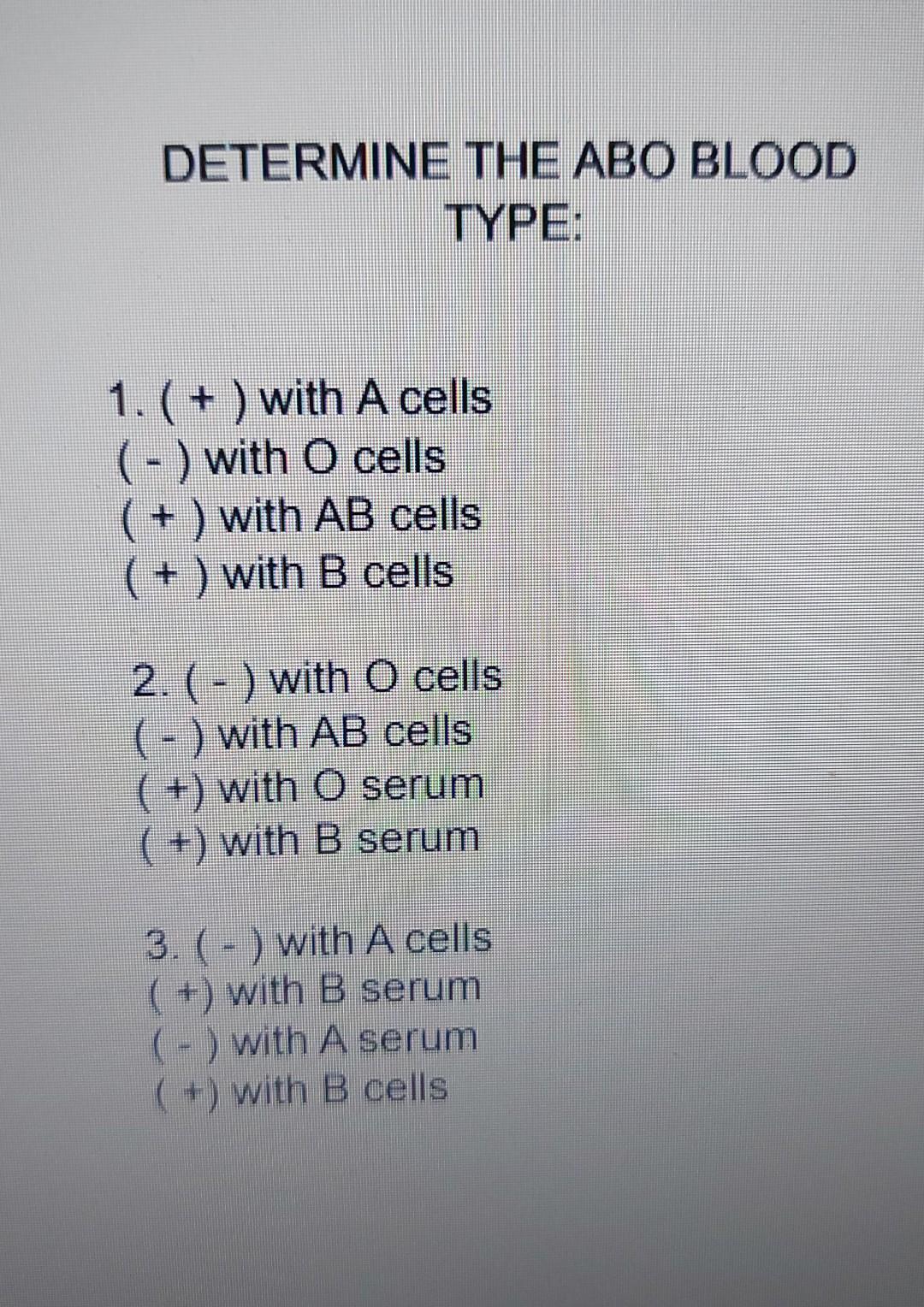 Solved DETERMINE THE ABO BLOOD TYPE: 1. ( + ) with A cells ( | Chegg.com