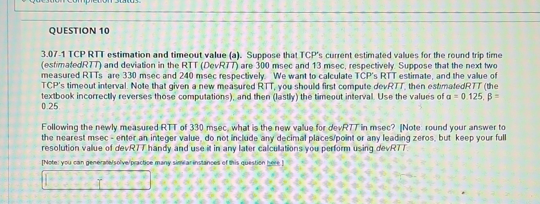 Solved 3 07 1 Tcp Rtt Estimation And Timeout Value A
