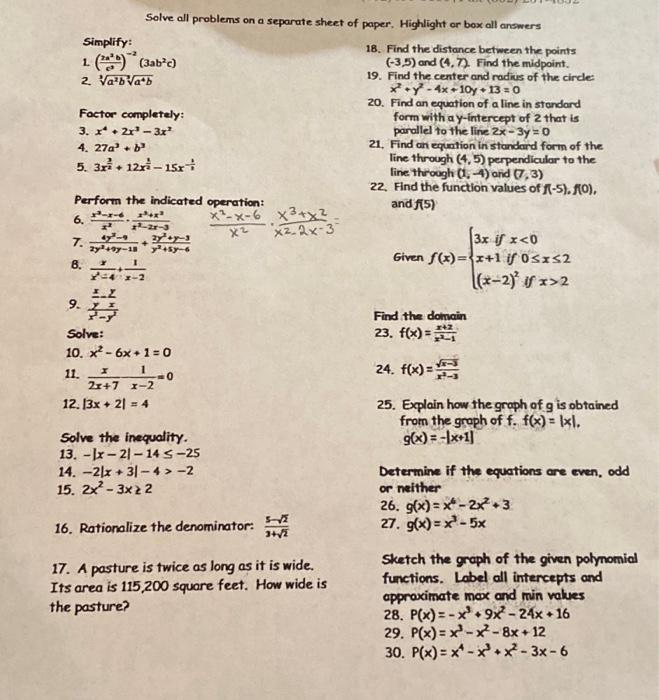 Solved Solve all problems on a separate sheet of paper. | Chegg.com