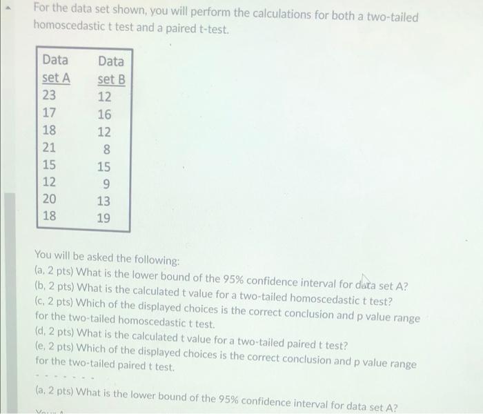 Solved For the data set shown, you will perform the | Chegg.com