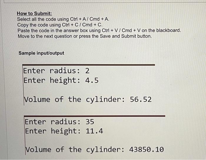 Solved Exercise #1: Volume of a Cylinder Use the Online C++ | Chegg.com