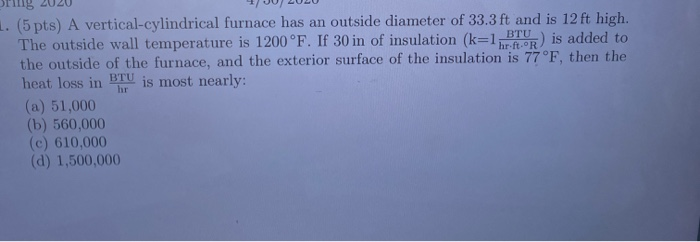 Solved (5 pts) A vertical-cylindrical furnace has an outside | Chegg.com