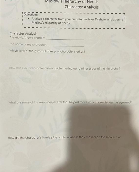 Solved Maslow's Hierarchy of Needs Character Analysis | Chegg.com