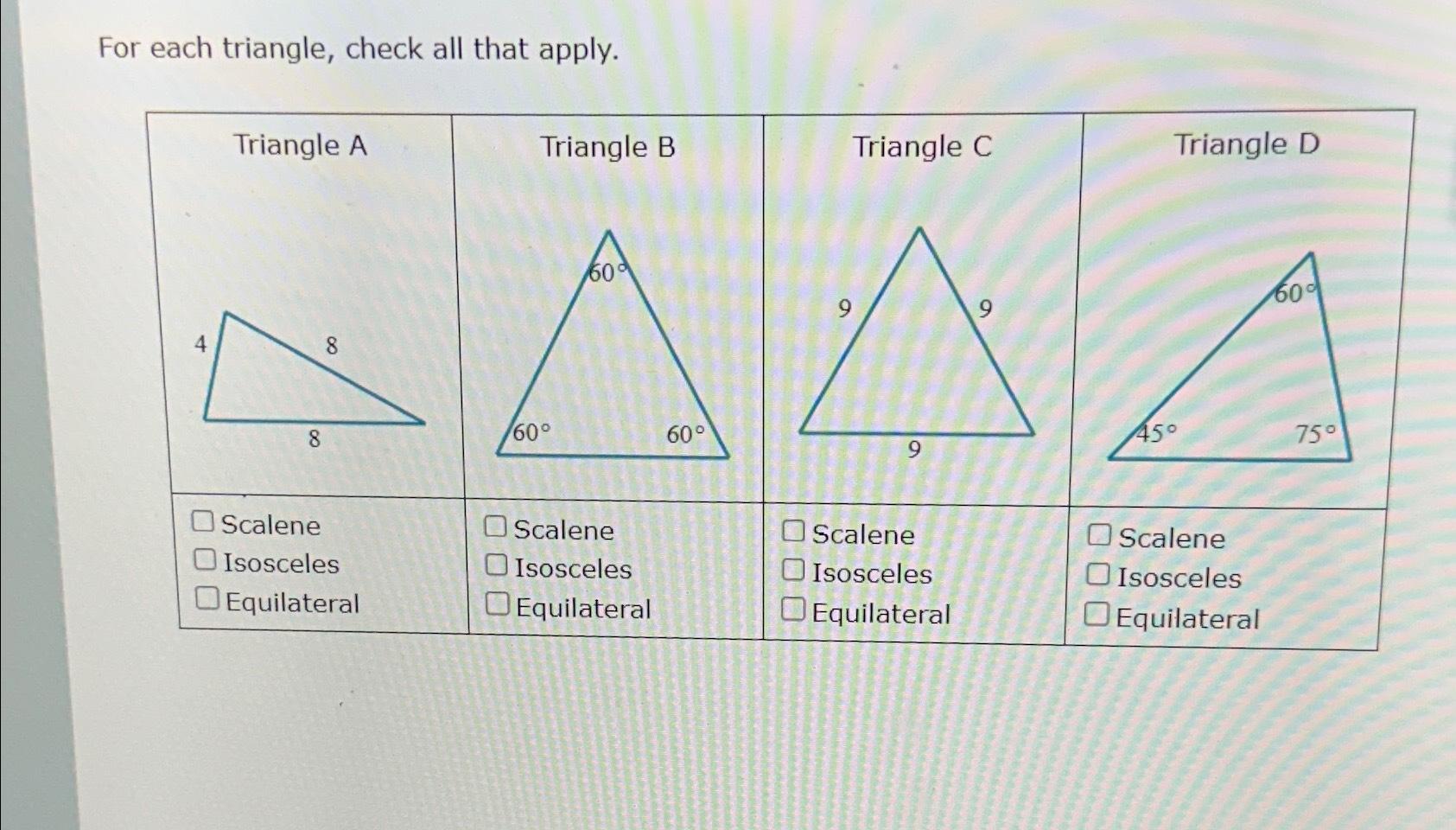 Solved For each triangle, check all that | Chegg.com