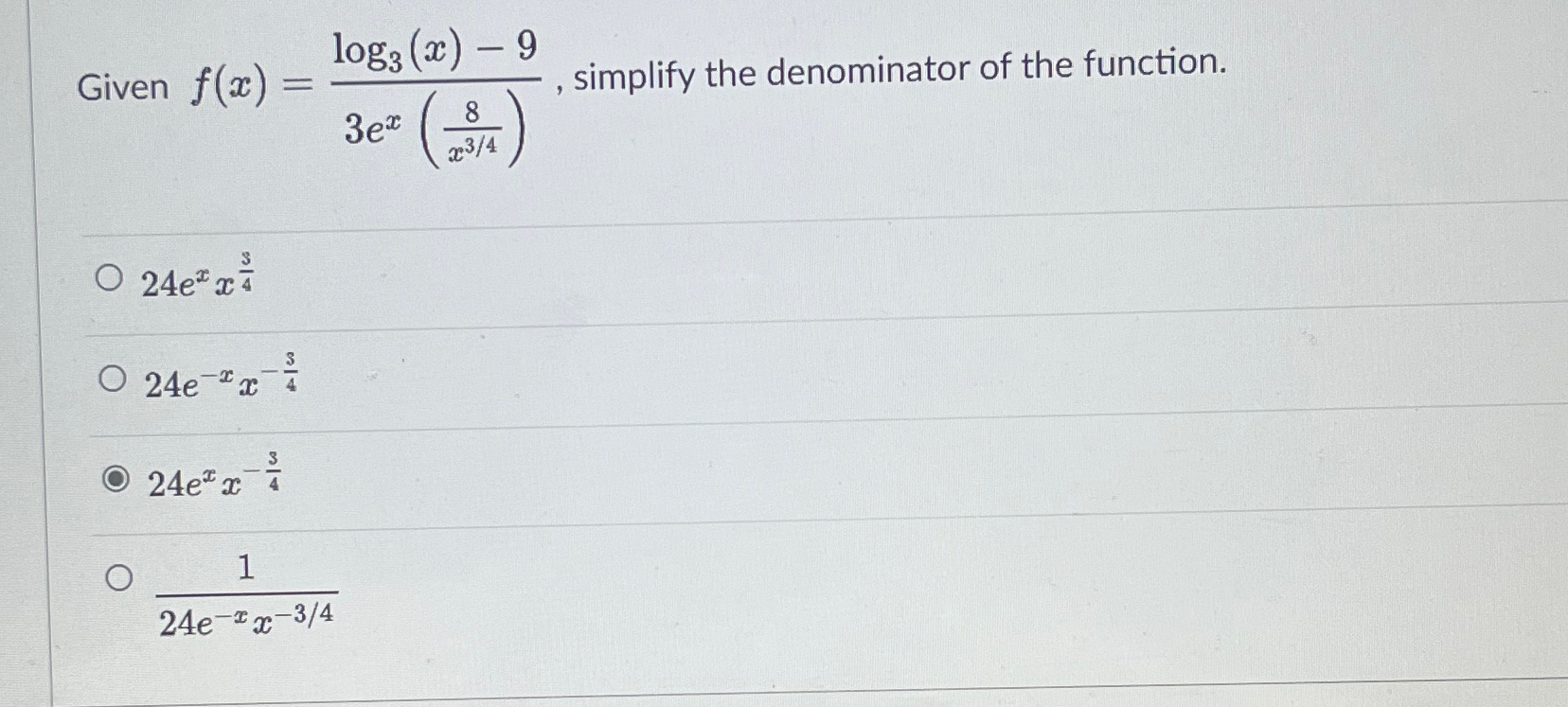 Solved Given f(x)=log3(x)-93ex(8x34), ﻿simplify the | Chegg.com