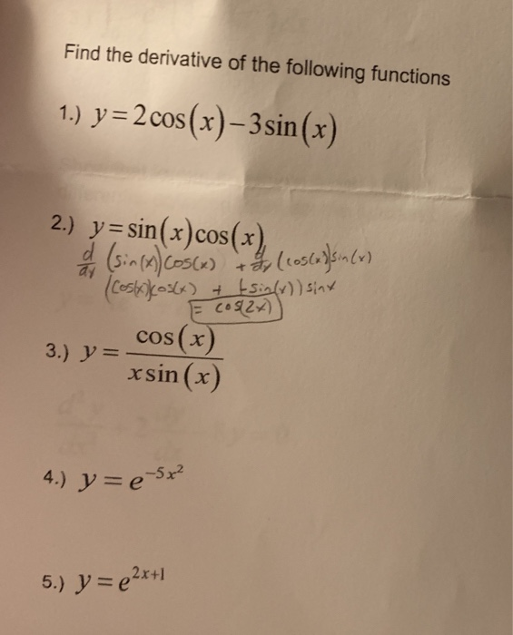Solved Find the derivative of the following functions 1.) y | Chegg.com