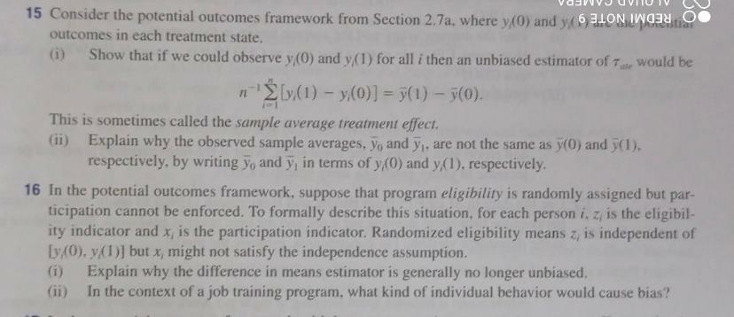 Solved n 15 Consider the potential outcomes framework from | Chegg.com