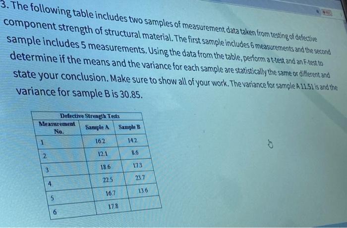 Solved 3. The following table includes two samples of | Chegg.com
