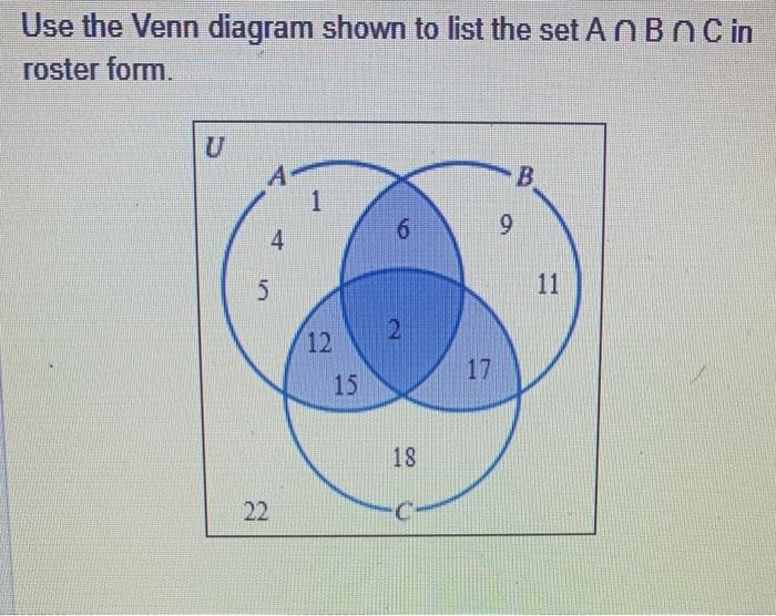 Solved Use the Venn diagram shown to list the set A∩B∩C in | Chegg.com