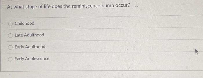 Solved At what stage of life does the reminiscence bump | Chegg.com