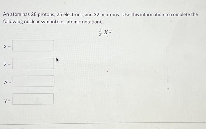 Solved An atom has 28 protons, 25 electrons, and 32 | Chegg.com