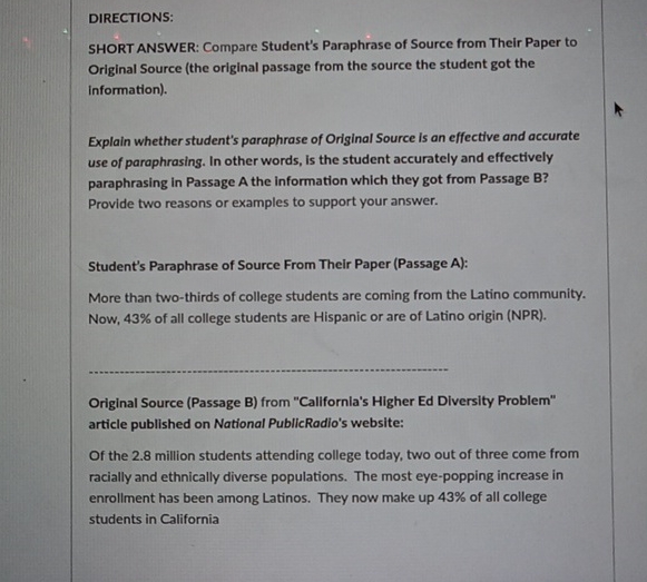 Solved DIRECTIONS:SHORT ANSWER: Compare Student's Paraphrase | Chegg.com