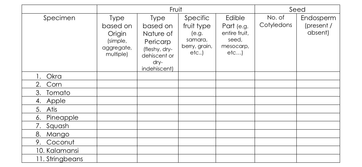 Solved \table[[Specimen,Fruit,Seed],[\table[[Type],[based | Chegg.com