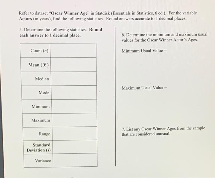 Refer to dataset “Oscar Winner Age" in Statdisk | Chegg.com