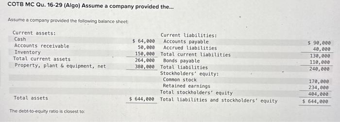 Solved COTB MC Qu. 16.29 (Algo) Assume a company provided | Chegg.com