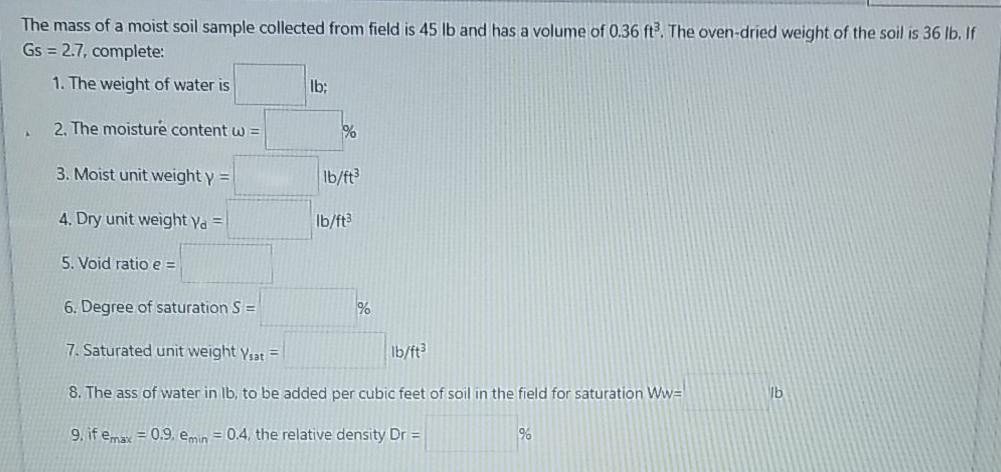 Solved The mass of a moist soil sample collected from field | Chegg.com