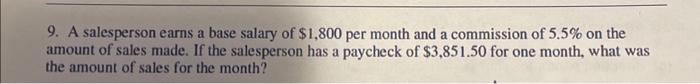 Solved 9. A salesperson earns a base salary of $1,800 per | Chegg.com