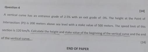 Solved [14] A vertical curve has an entrance grade of \2.5 | Chegg.com