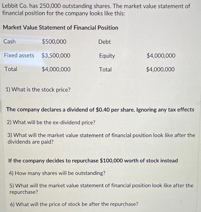 Solved Lebbit Co. has 250,000 outstanding shares. The market | Chegg.com