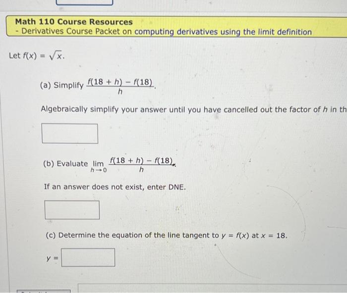 Solved Math 110 Course Resources - Derivatives Course Packet | Chegg.com