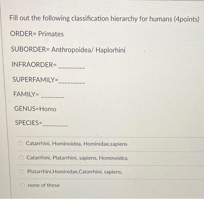 Fill out the following classification hierarchy for | Chegg.com
