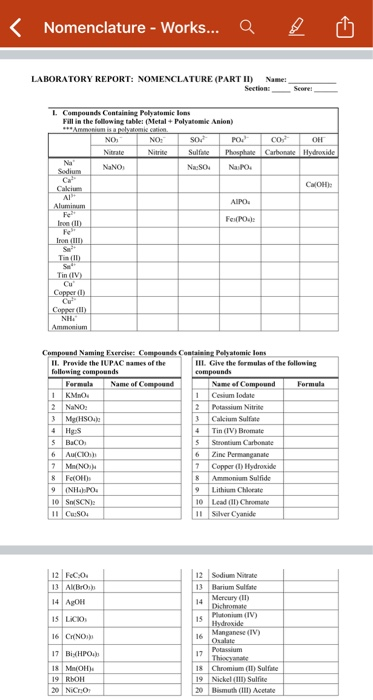 Solved Nomenclature - Works... Q Nam LABORATORY REPORT: | Chegg.com