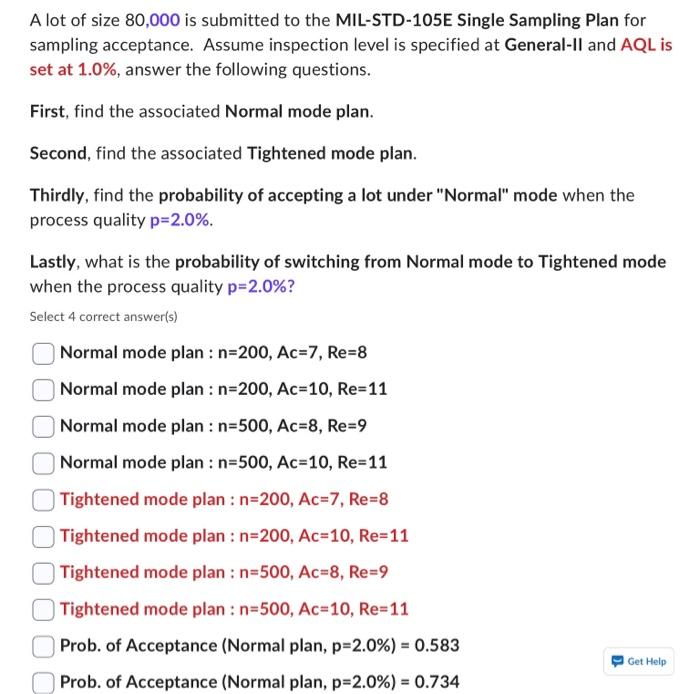 Solved A lot of size 80,000 is submitted to the MIL-STD-105E | Chegg.com