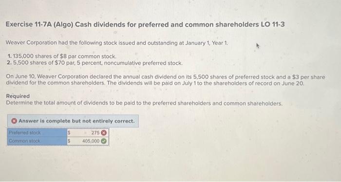 Solved Exercise 11-7A (Algo) Cash dividends for preferred | Chegg.com