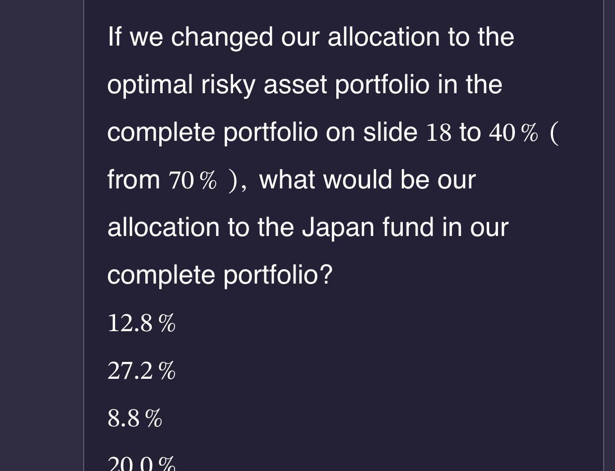Solved If we changed our allocation to the optimal risky | Chegg.com