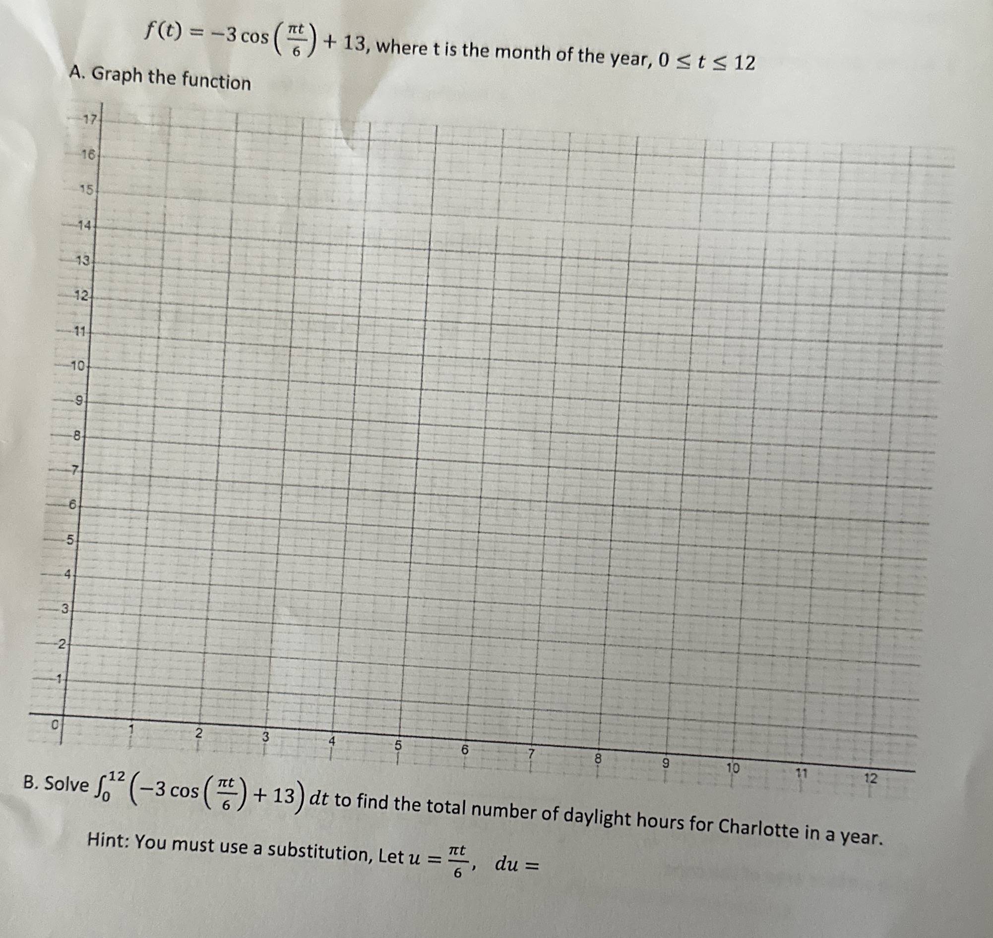 Solved F(t) = -3 ﻿cos (#) + 13, ﻿where t is the month of the | Chegg.com