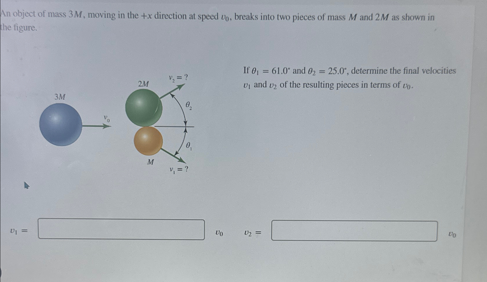 Solved An object of mass 3M, ﻿moving in the +x ﻿direction at | Chegg.com