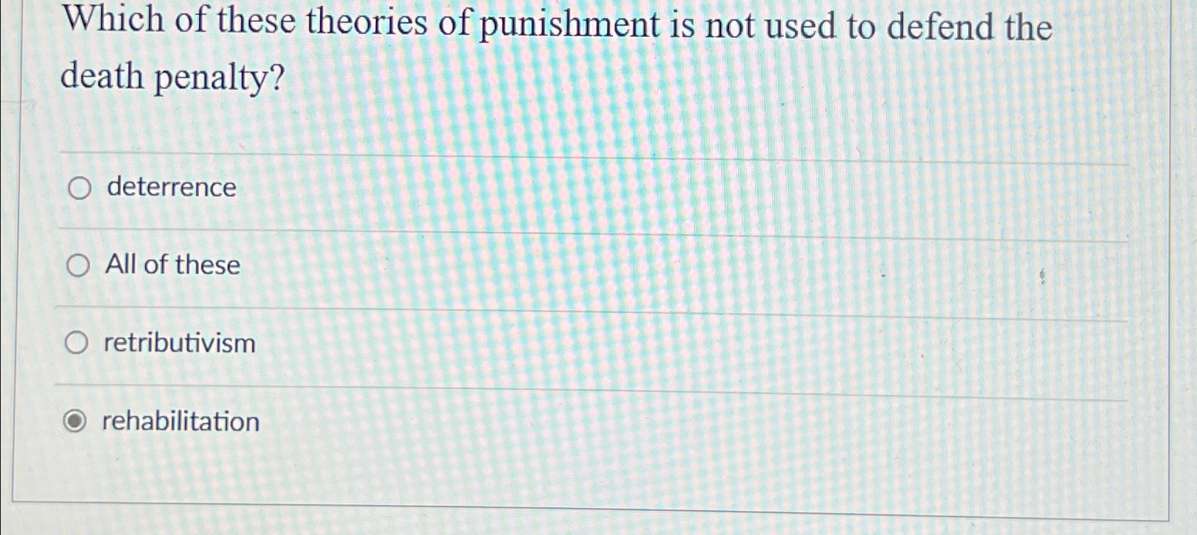 Solved Which of these theories of punishment is not used to | Chegg.com