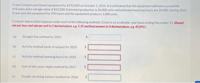 Solved Crane Company purchased equipment for $192,000 on | Chegg.com