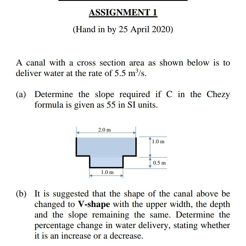 Solved ASSIGNMENT 1 (Hand in by 25 April 2020) A canal with | Chegg.com