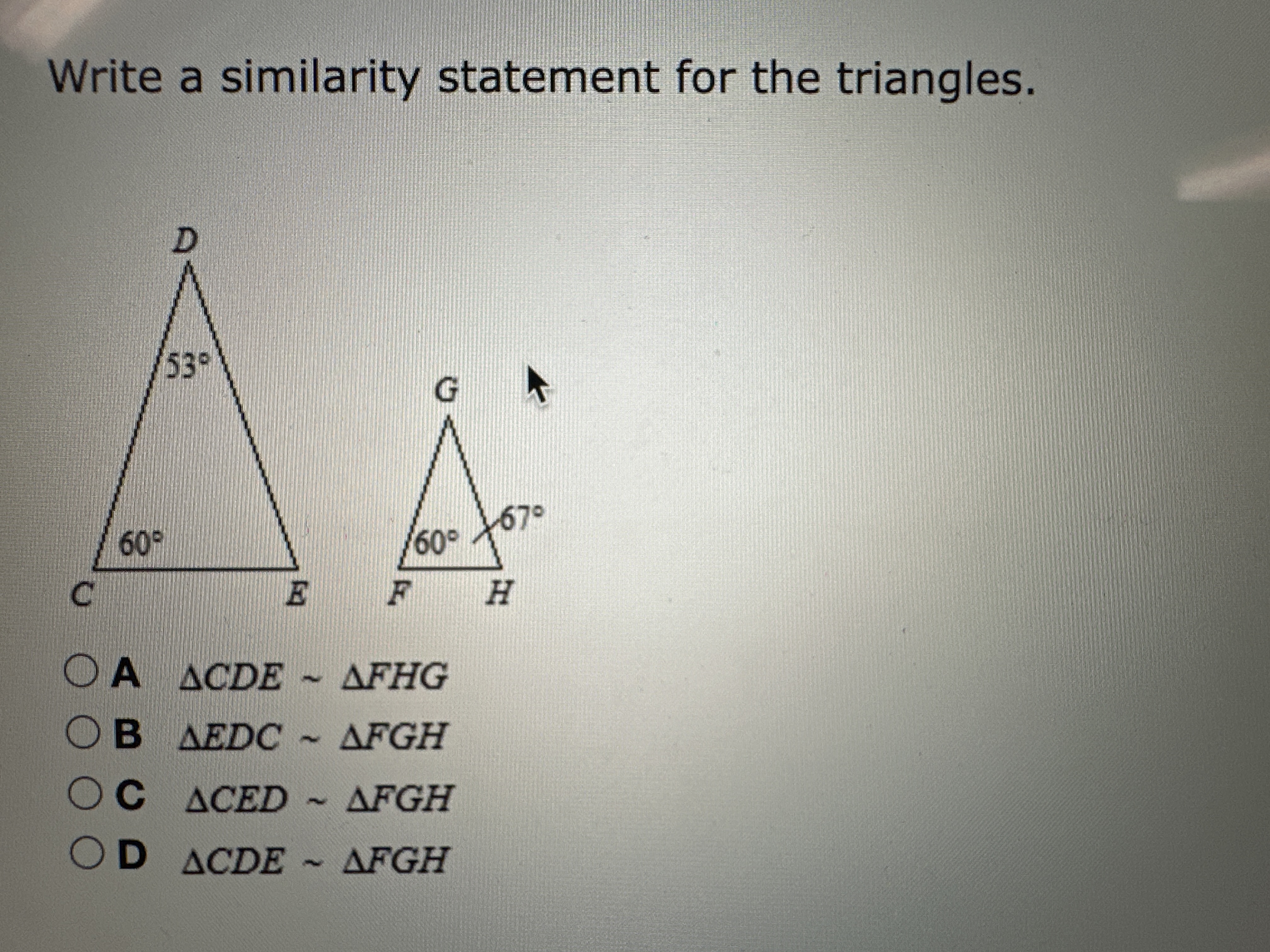 Solved Write a similarity statement for the triangles.A | Chegg.com